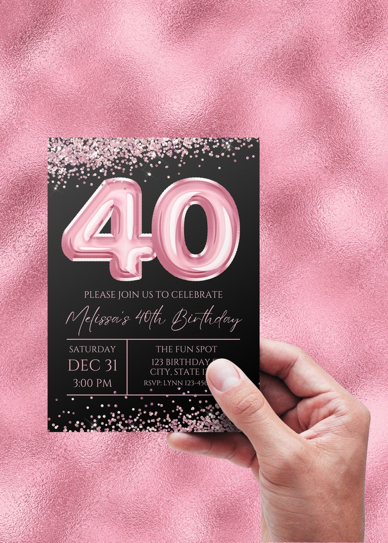 Editable 40th Birthday Invitation, Black and Pink Invitation, Pink 40 ...