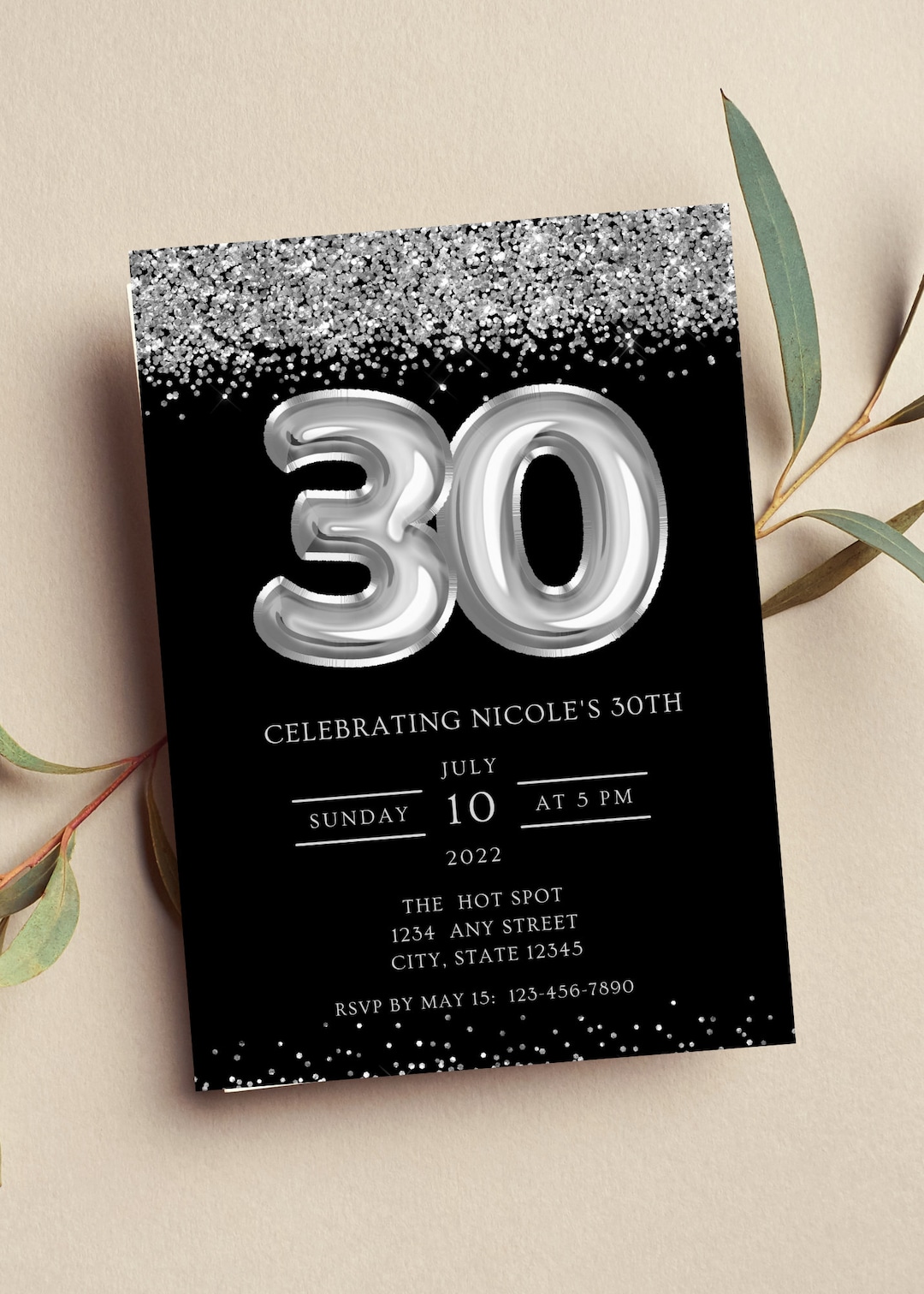 Editable 30th Birthday Invitation, Black and Silver Invitation, Silver ...