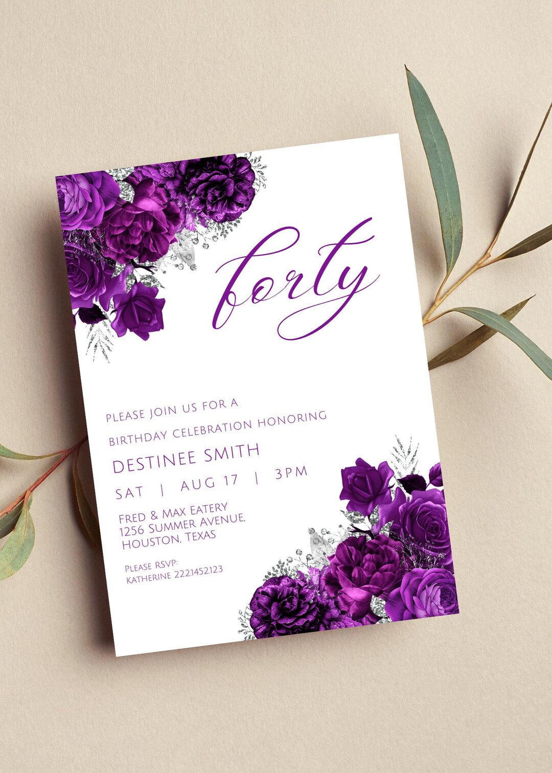 Editable Purple and Silver Floral Invitation, Purple and Silver Flowers ...