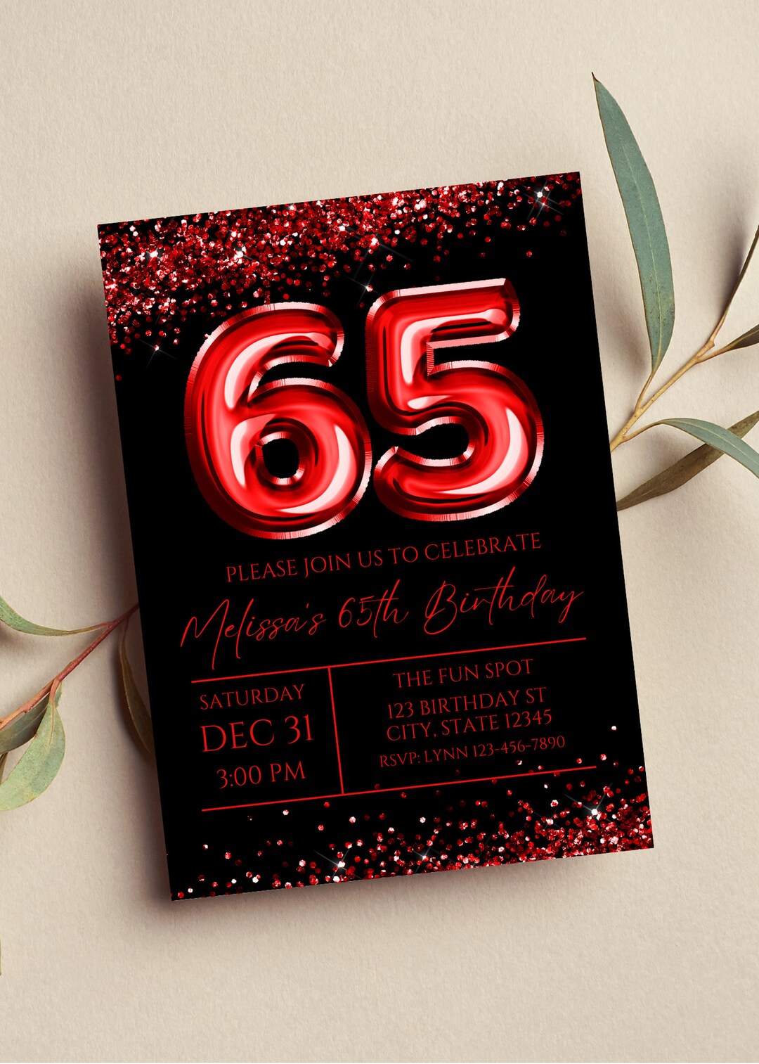 Editable 65th Birthday Invitation, Red and Black Invitation, Red 65 ...