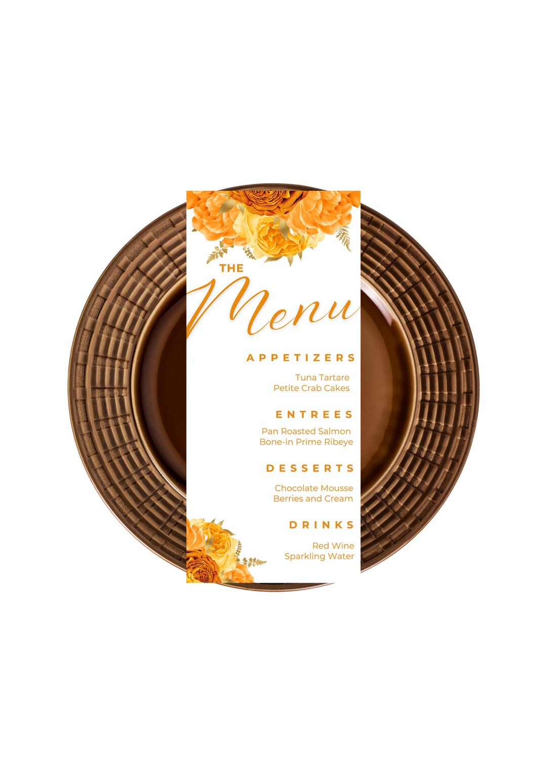 Editable Menu Card Template, Orange and Gold Menu, Floral, Dinner Menu ...