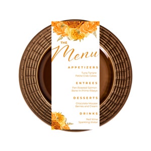 Editable Menu Card Template, Orange and Gold Menu, Floral, Dinner Menu ...