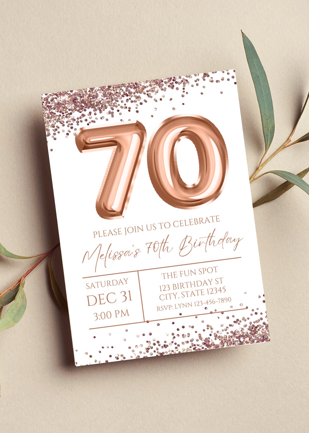 Editable 70th Birthday Invitation, Rose Gold and White Invitation, Rose ...
