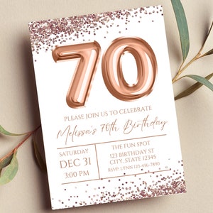 Editable 70th Birthday Invitation, Rose Gold and White Invitation, Rose ...