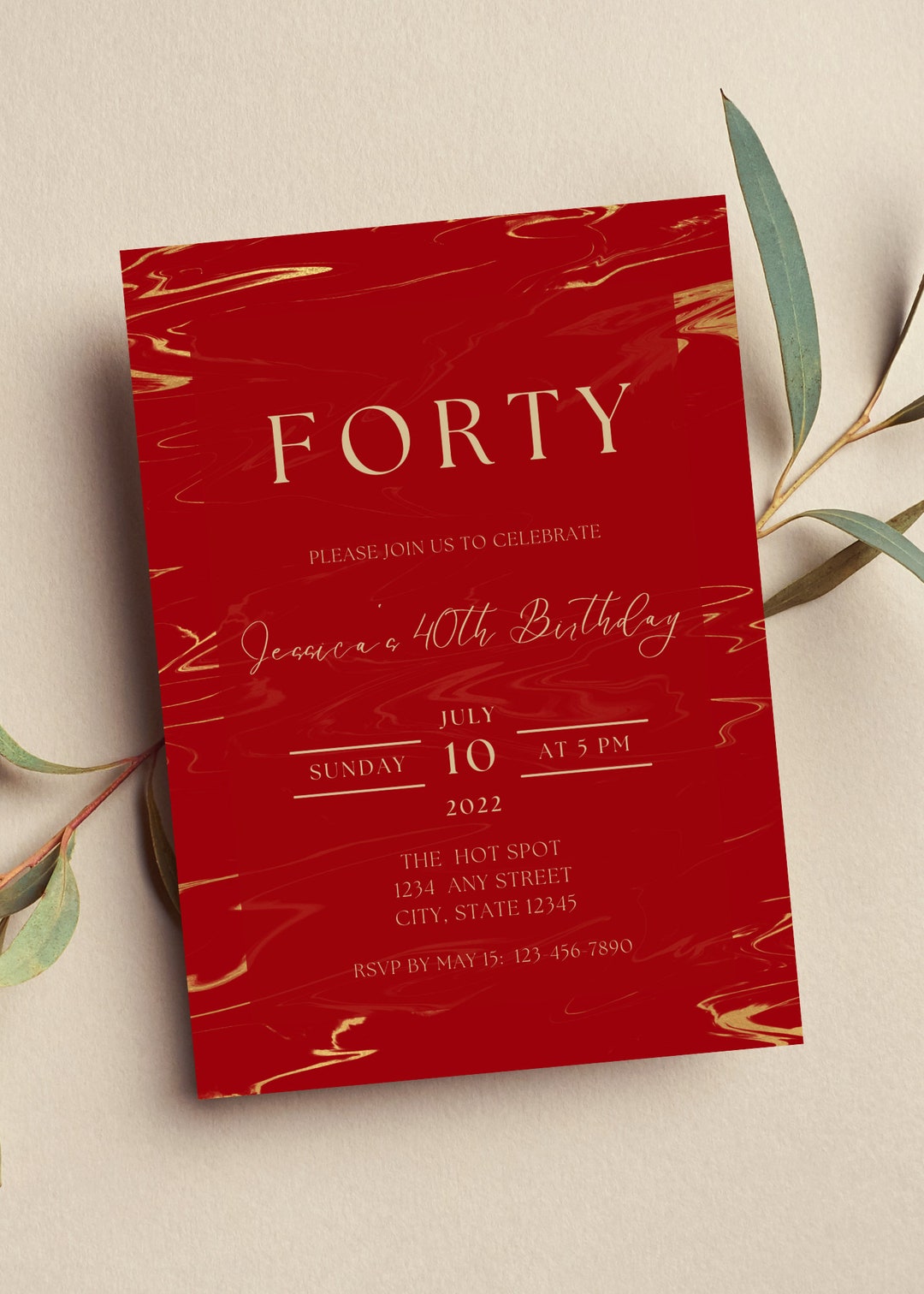 Editable Red and Gold Birthday Invitation, Red Marble Invitation ...