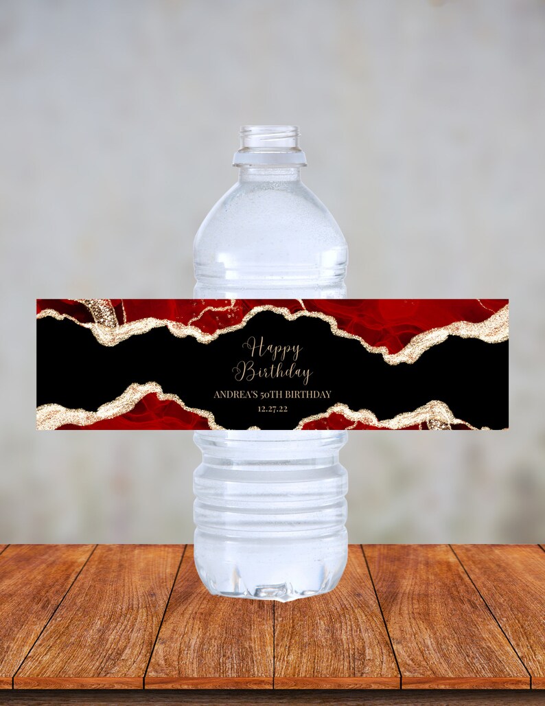 Editable Water Bottle Label Template, Red Gold, and Black, Party Favor ...