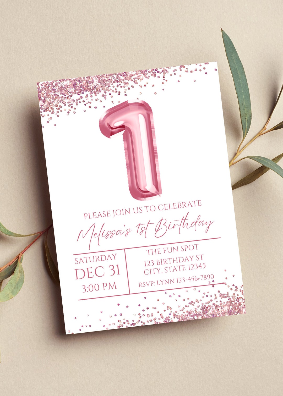 Editable 1st Birthday Invitation, Pink and White Invitation, Pink 1 ...