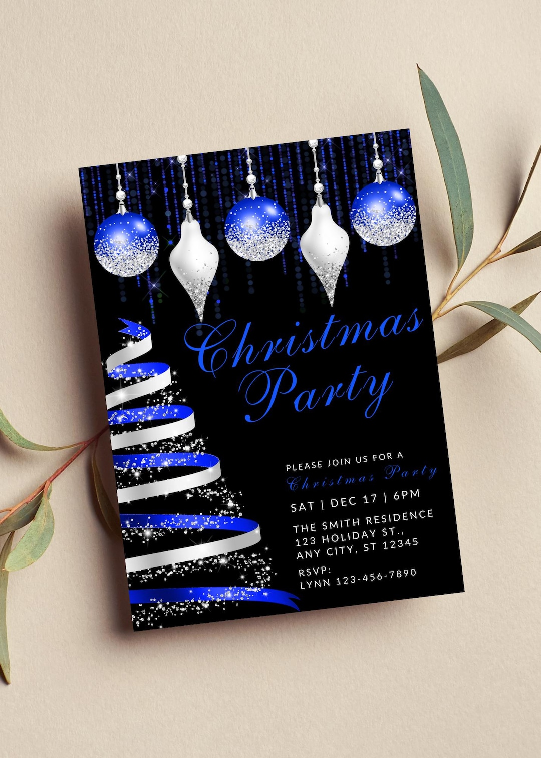 Editable Christmas Party Invitation, Blue and Silver, Holiday ...