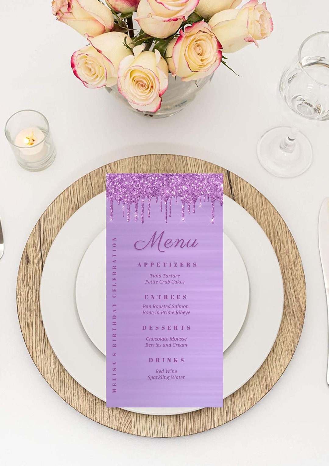 Editable Purple Menu Template, Purple Glitter Drip Menu Card, Birthday ...