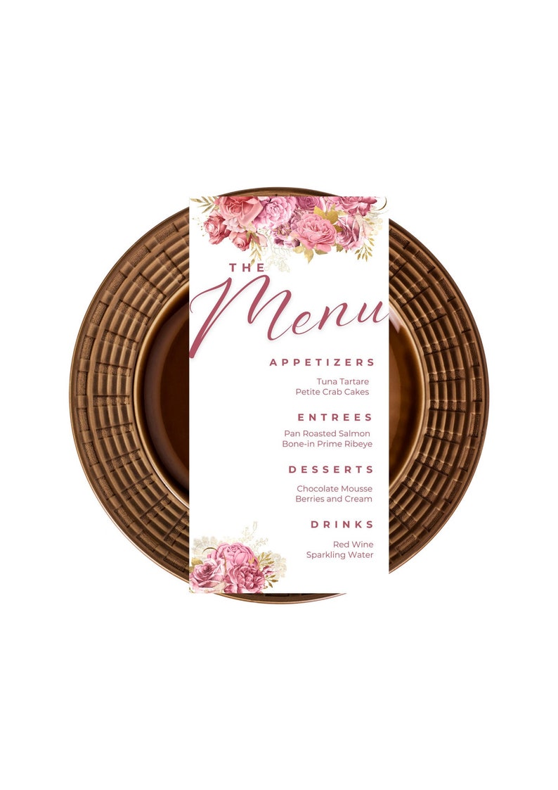 Editable Menu Card Template Pink and Gold Menu Card Floral - Etsy