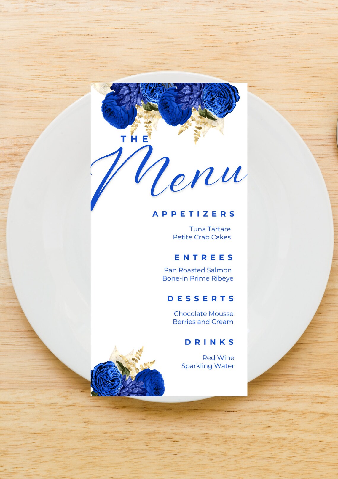 Royal Blue Floral Menu Card, Editable Dinner Table Menu (digital ...