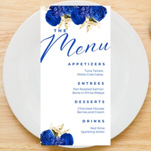 Editable Menu Card Template, Royal Blue and Gold Menu Cards, Floral ...