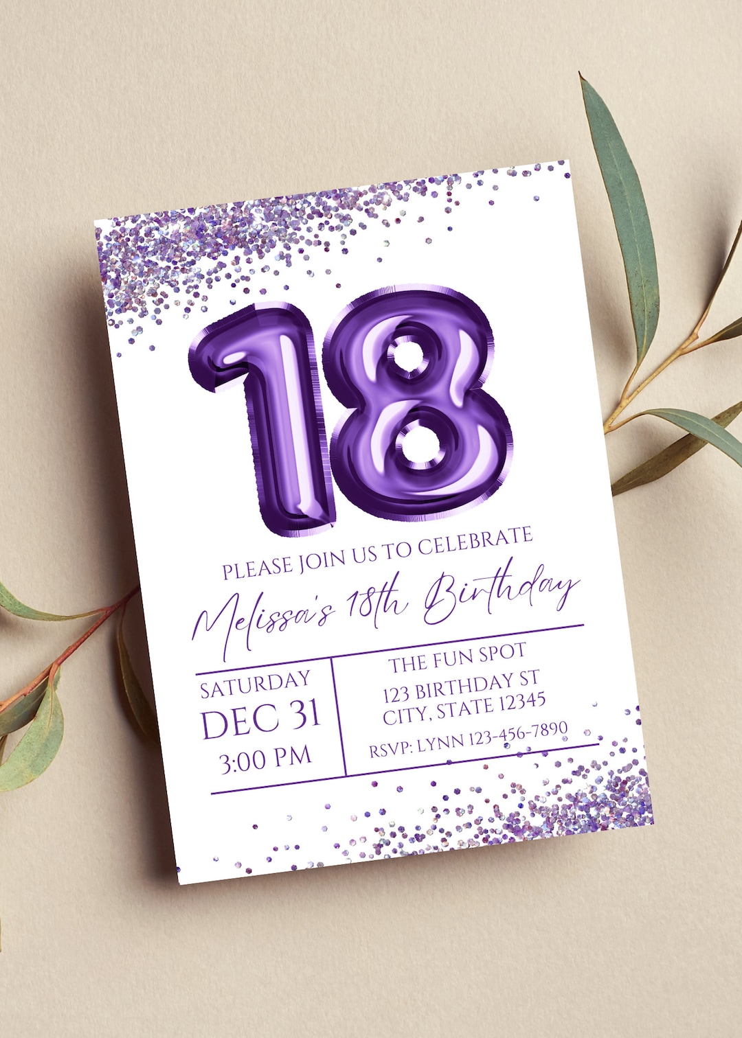 Editable 18th Birthday Invitation, Purple and White Invitation, Purple ...