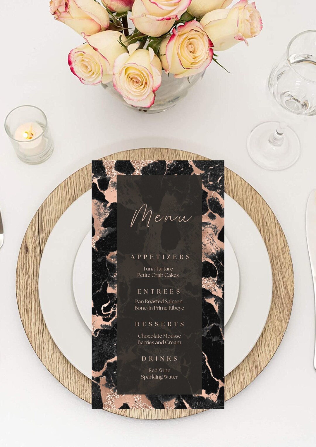 Editable Black and Rose Gold Menu Card Template, Marble Design, Luxury ...