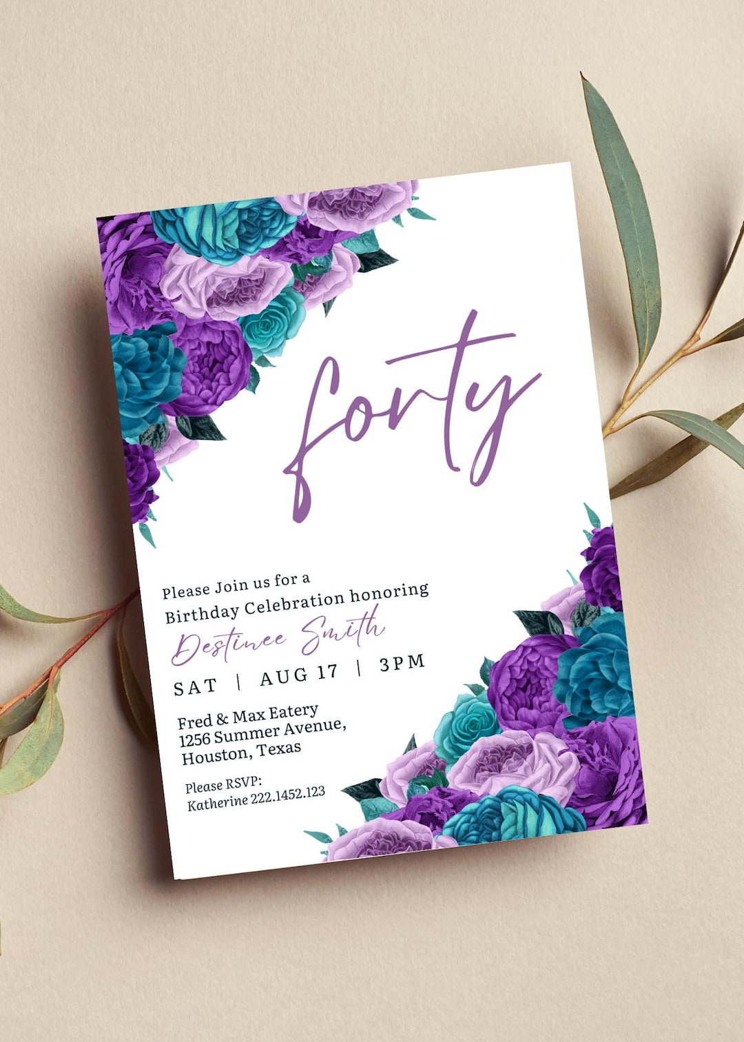 Editable Teal and Purple Birthday Invitation, Floral, Printable or ...