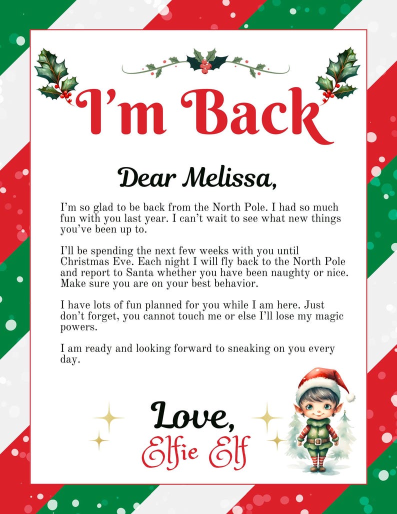 Editable Elf I'm Back Letter, North Pole Printable (digital Download ...