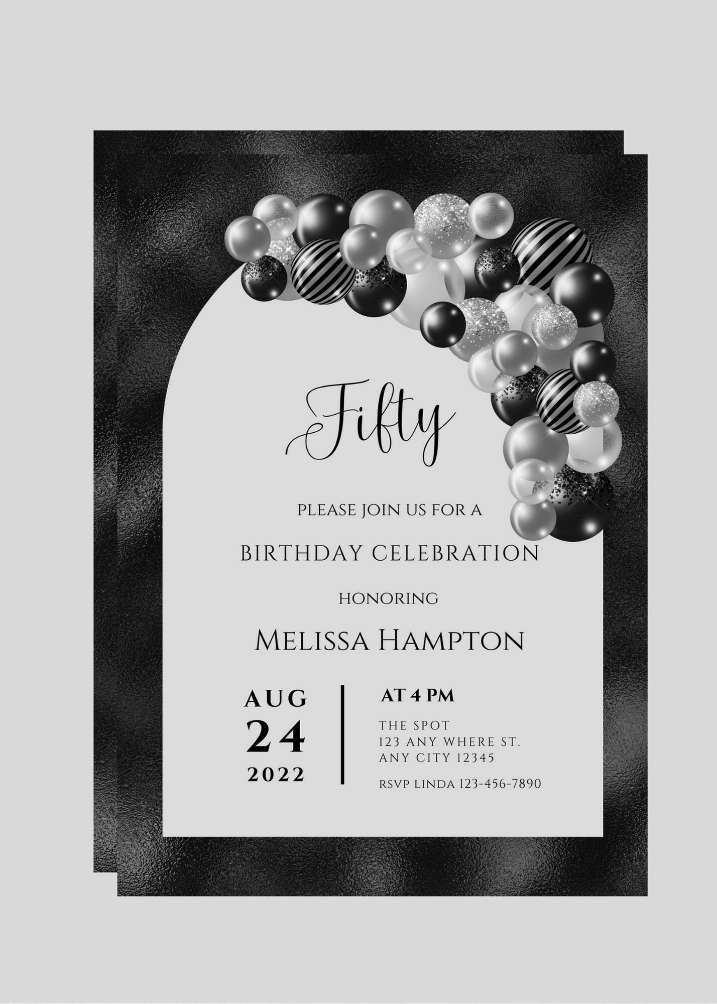 Editable Black and Silver Birthday Invitation, Black and Silver Balloon ...
