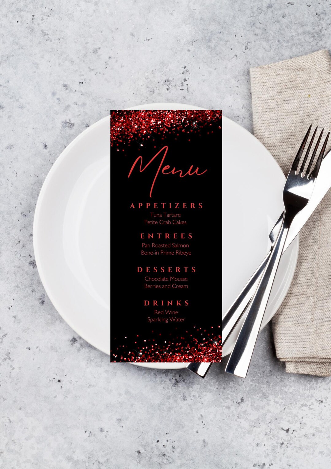 Editable Menu Card Template, Red and Black, Glitter, Dinner Menu Card ...