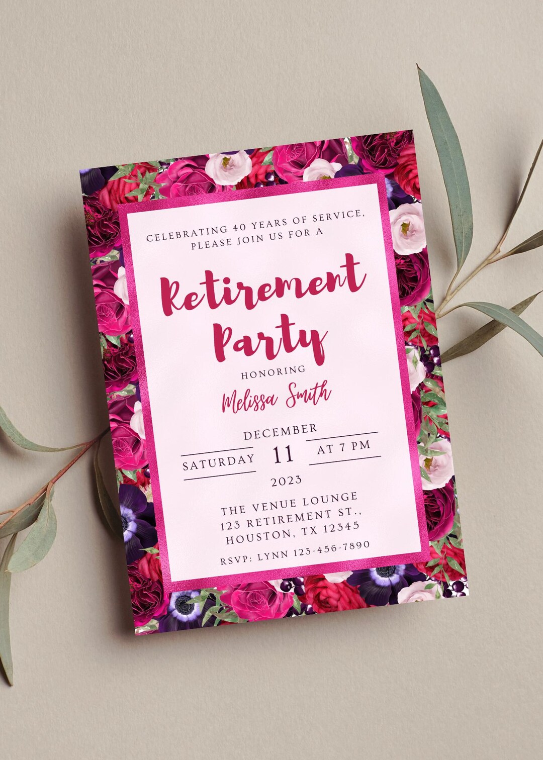 Editable Retirement Party Invitation Template, Pink and Purple Floral ...