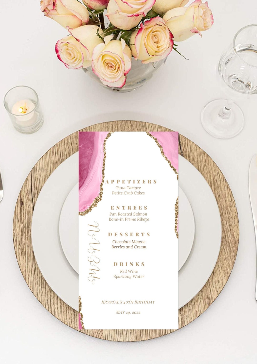 Editable Birthday Party Menu Card Template, Pink and Gold Menu Cards ...