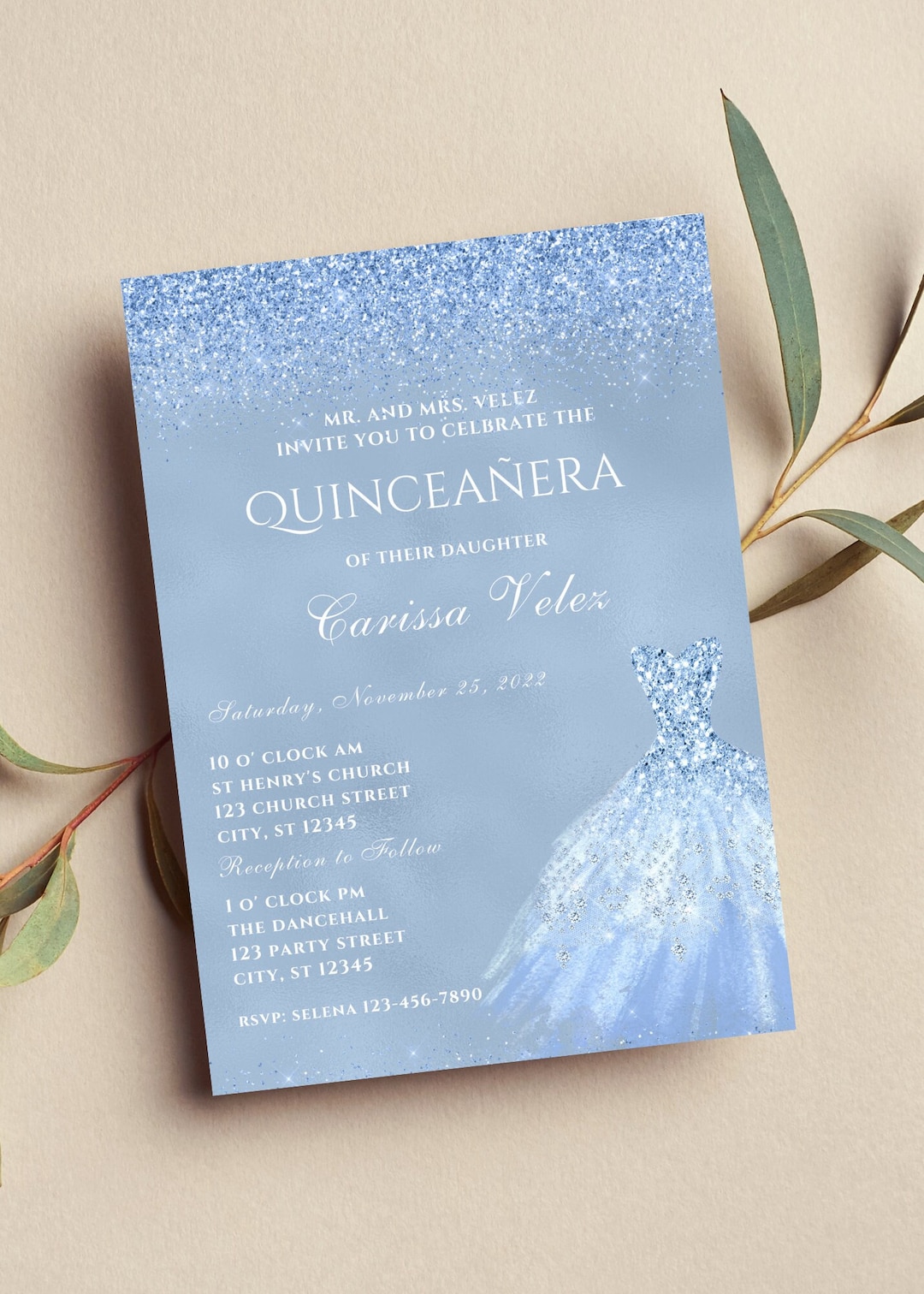Editable Blue Quinceañera Invitation, Mis Quince Anos, Glam, Printable ...