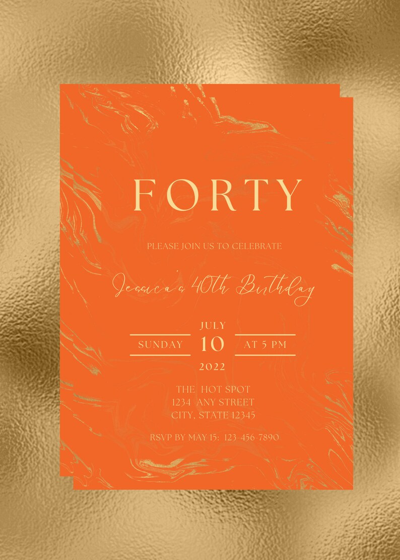 Editable Orange and Gold Birthday Invitation Orange Marble - Etsy