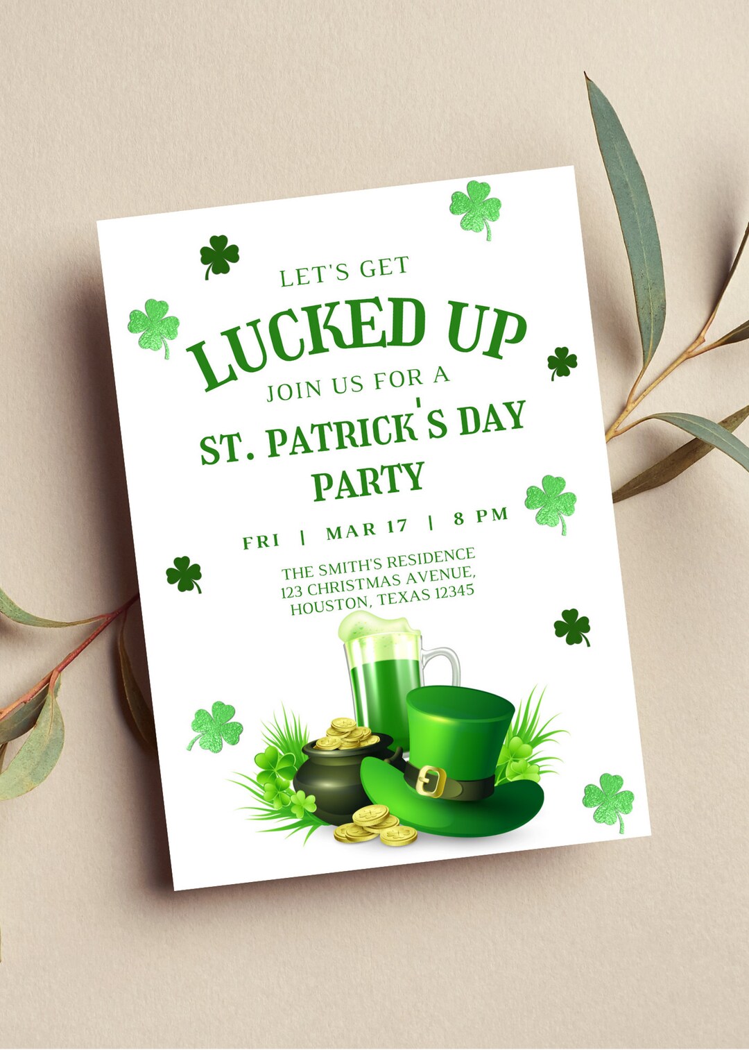 Editable St. Patrick's Day Party Invitation, Shamrock Design (digital ...