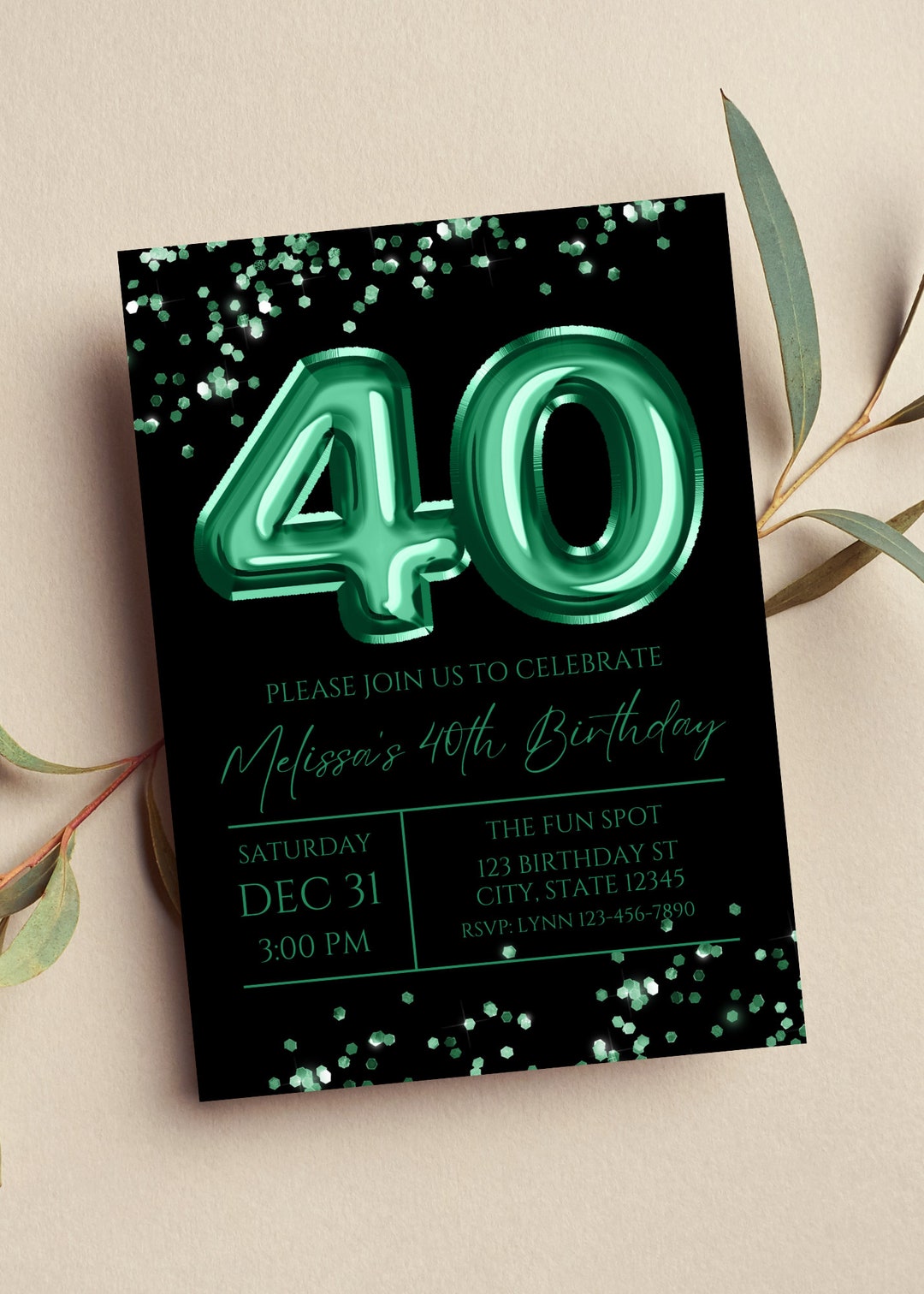 Editable 40th Birthday Invitation, Green and Black Invitation, Green 40 ...