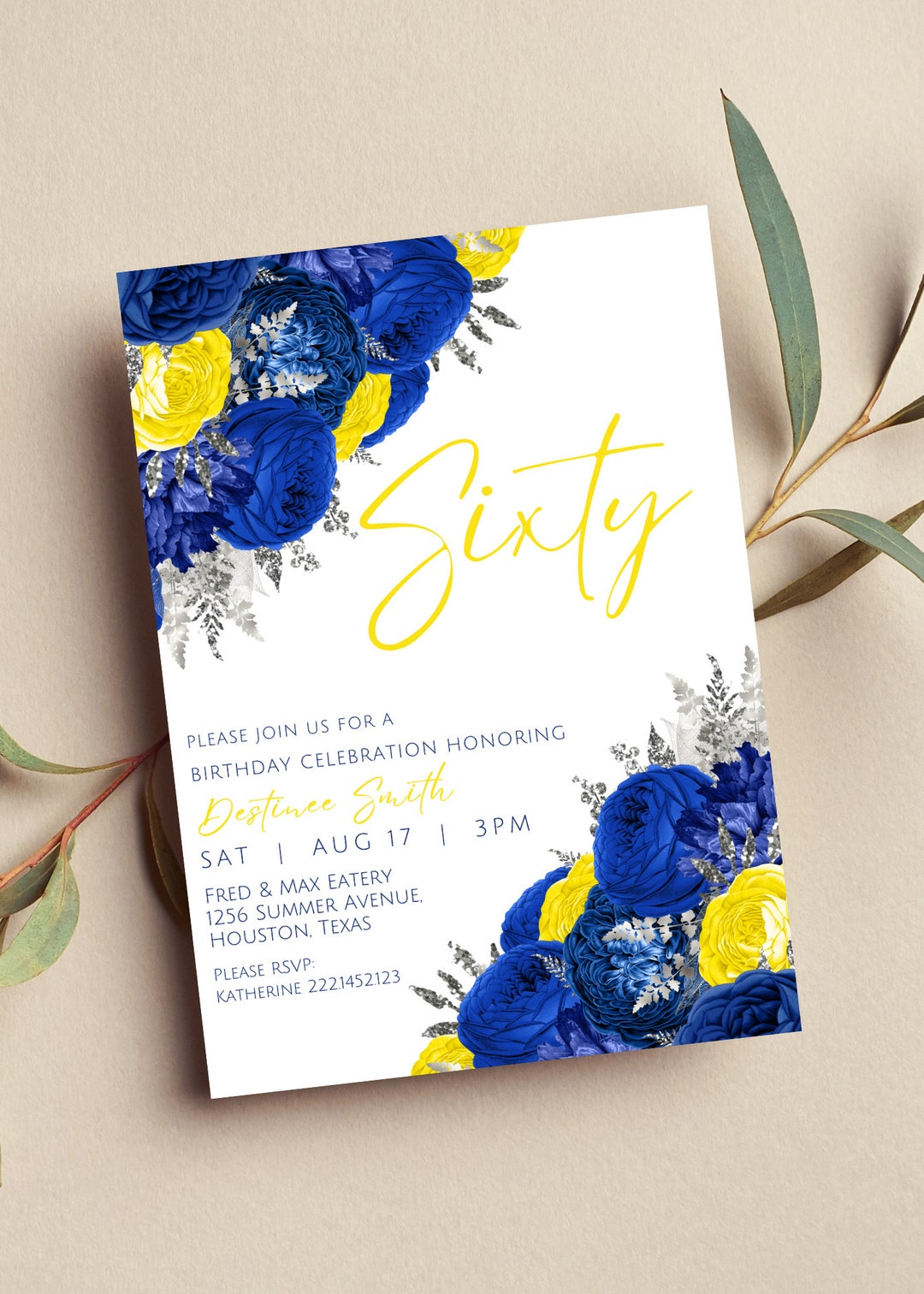 Editable Blue, Yellow and Silver Floral Invitation, Birthday, Bridal ...