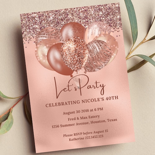 Editable Rose Gold Birthday Invitation Let's Party Rose - Etsy