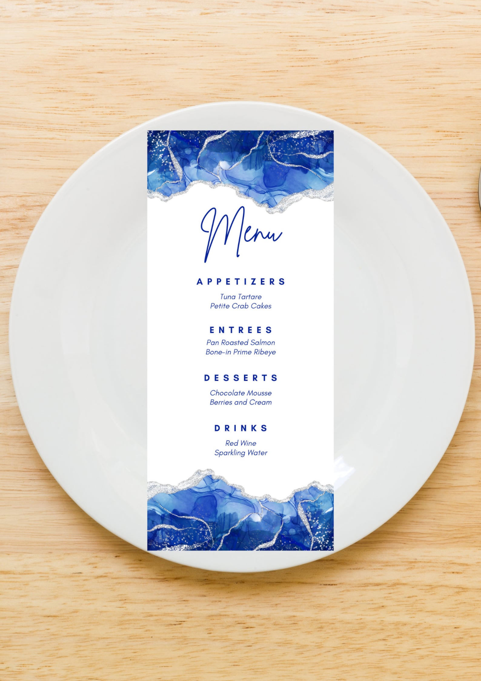 Editable Menu Card Template, Royal Blue and White, Birthday, Dinner ...