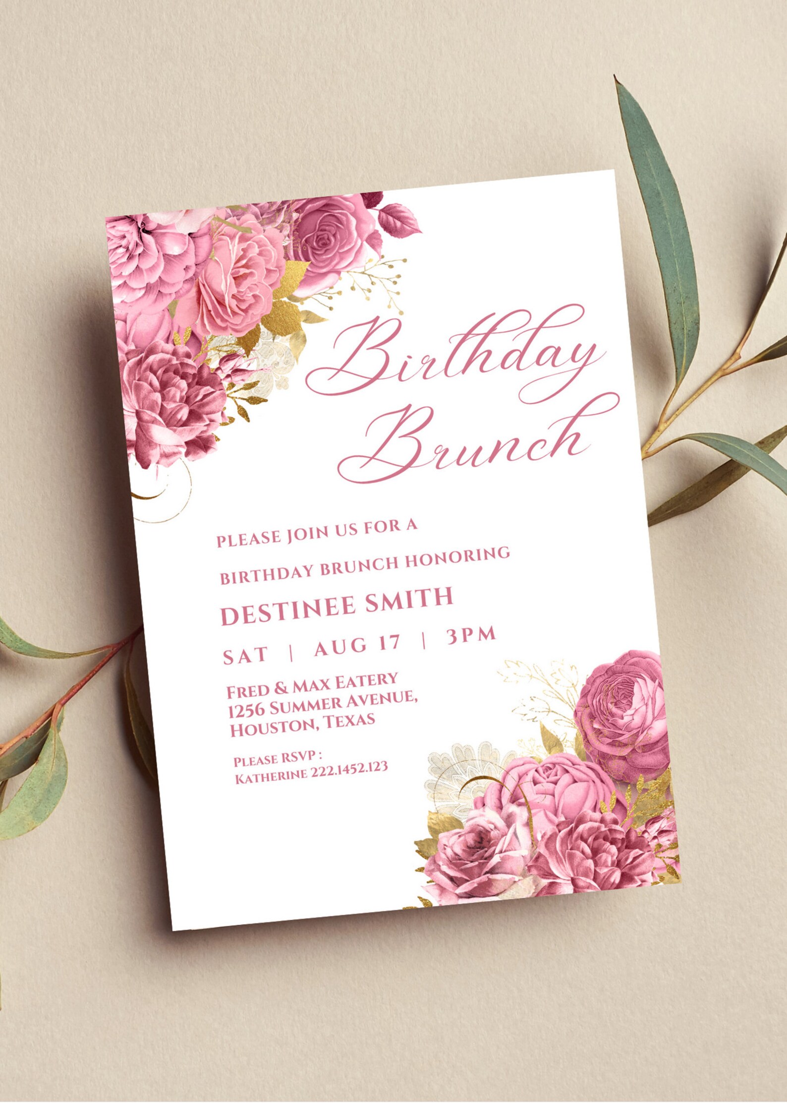 Editable Birthday Brunch Invitation Pink and Gold Floral - Etsy