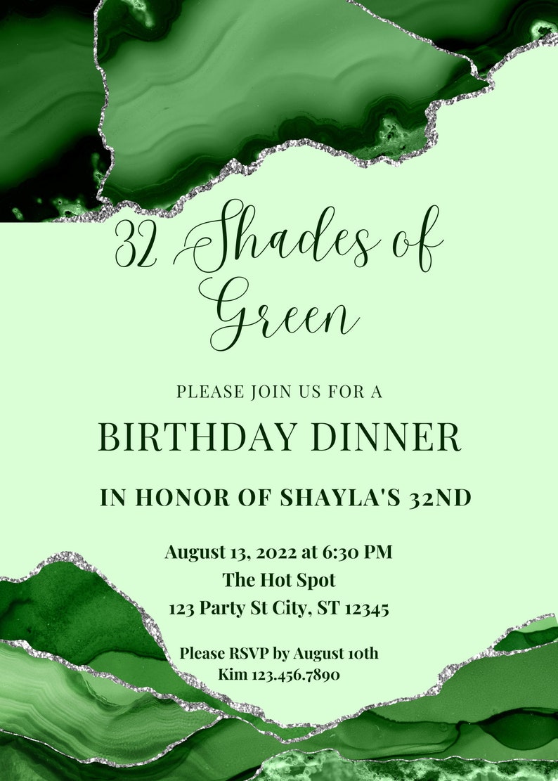 Editable Shades of Green Invitation Agate Birthday Dinner - Etsy
