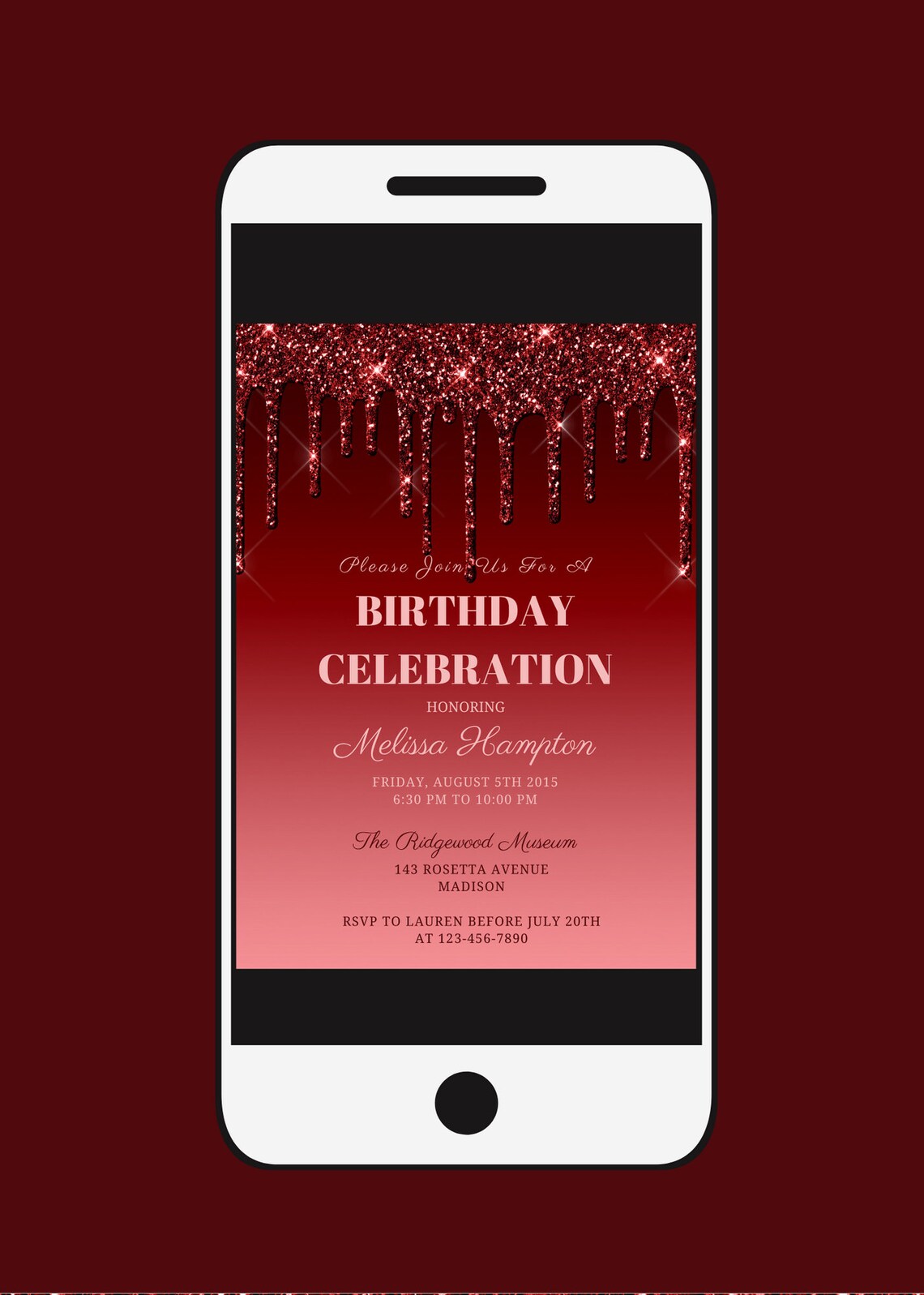 Editable Red Birthday Invitation, Red Glitter Drip, Printable or ...