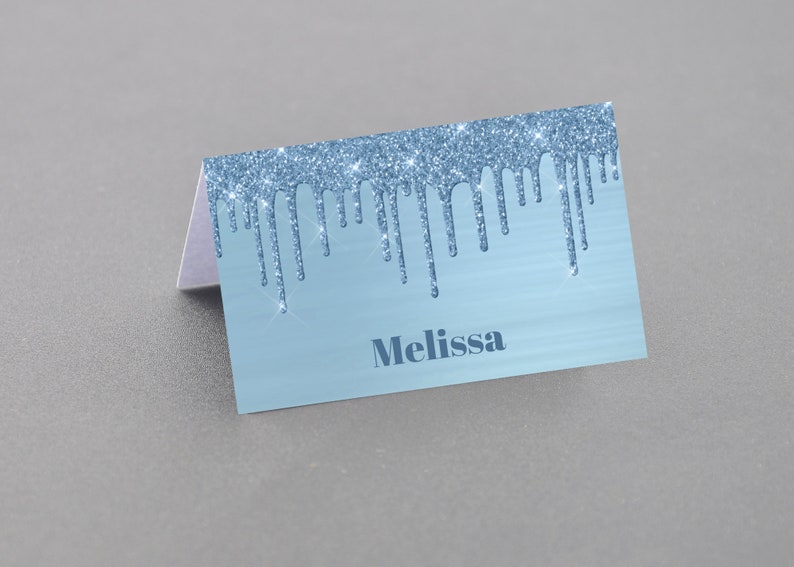 Editable Name Card Template, Blue Glitter Drip, Place Cards, Table ...