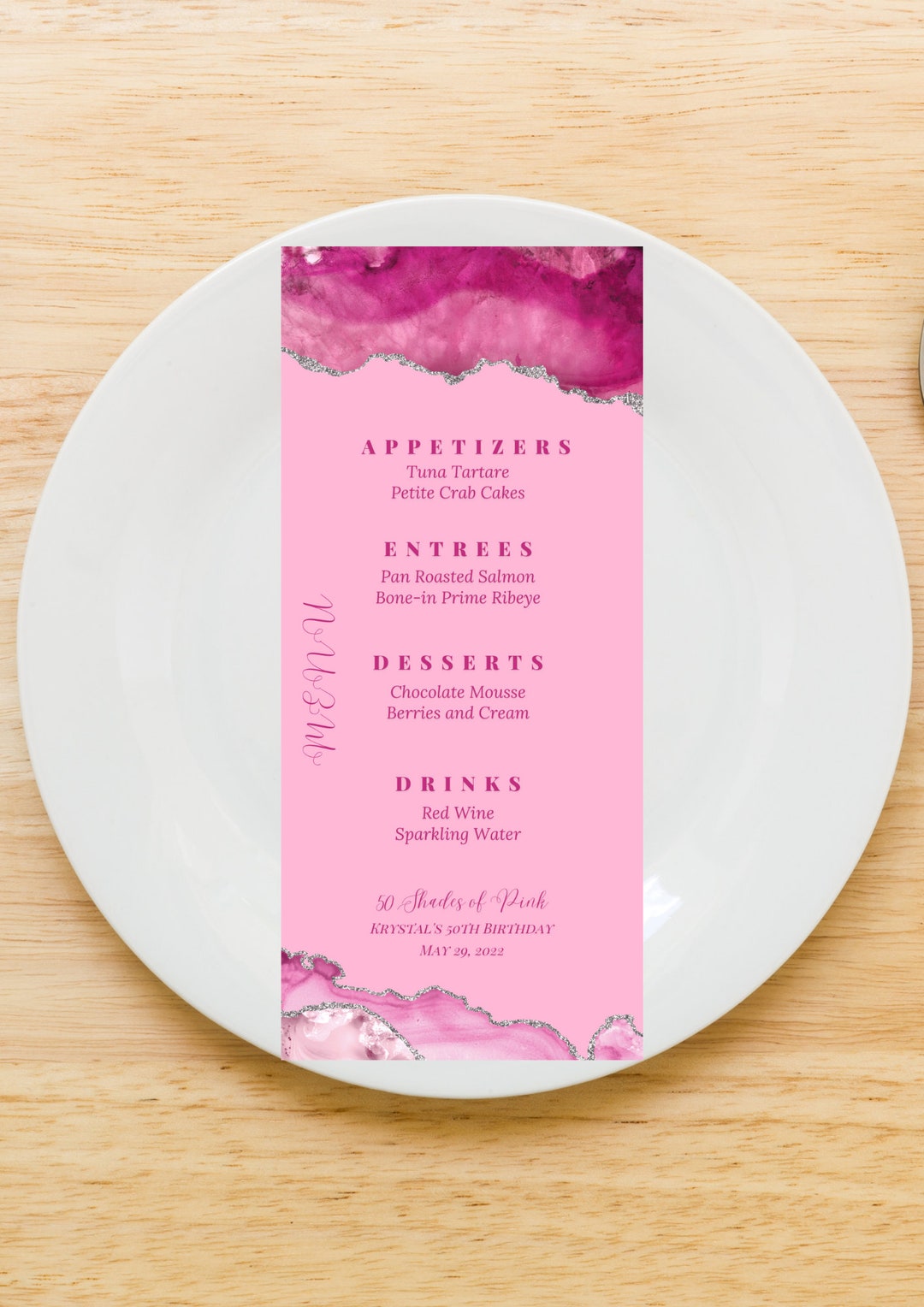 Editable Shades of Pink Menu Card Template, Pink and Silver Menu Cards ...