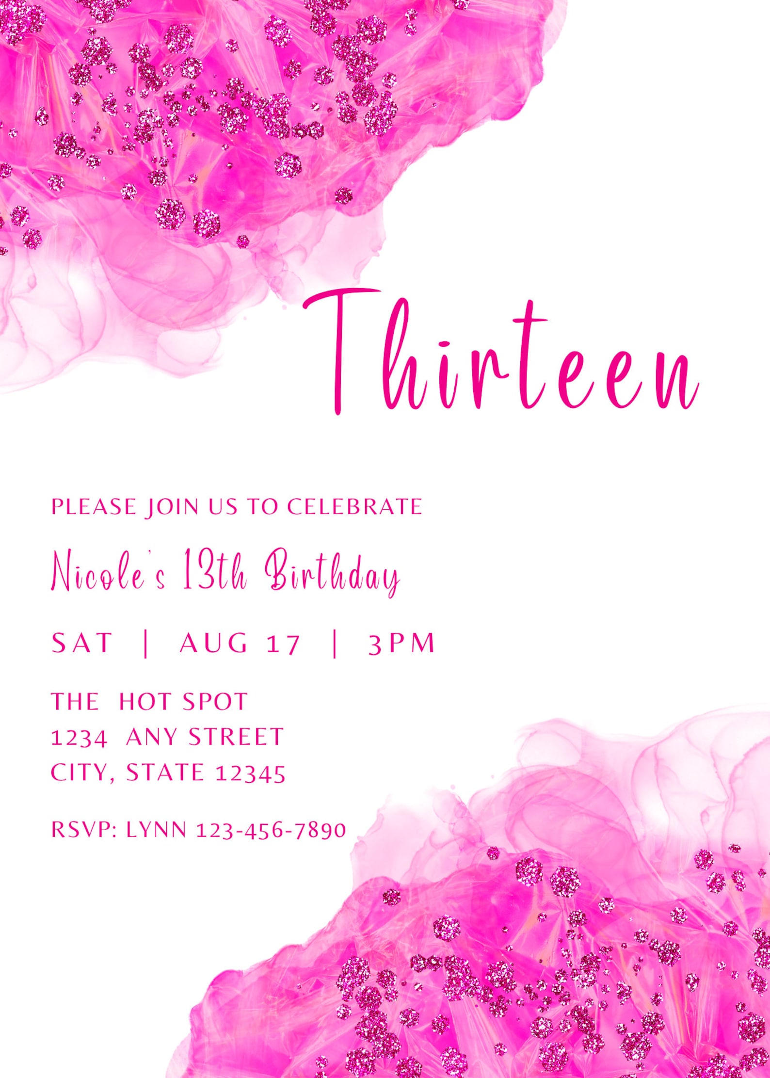 Editable 13th Birthday Invitation Pink and White Invitation - Etsy