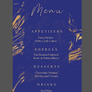 Editable Blue and Gold Menu Card Template, Marble Design, Luxury, Menu ...