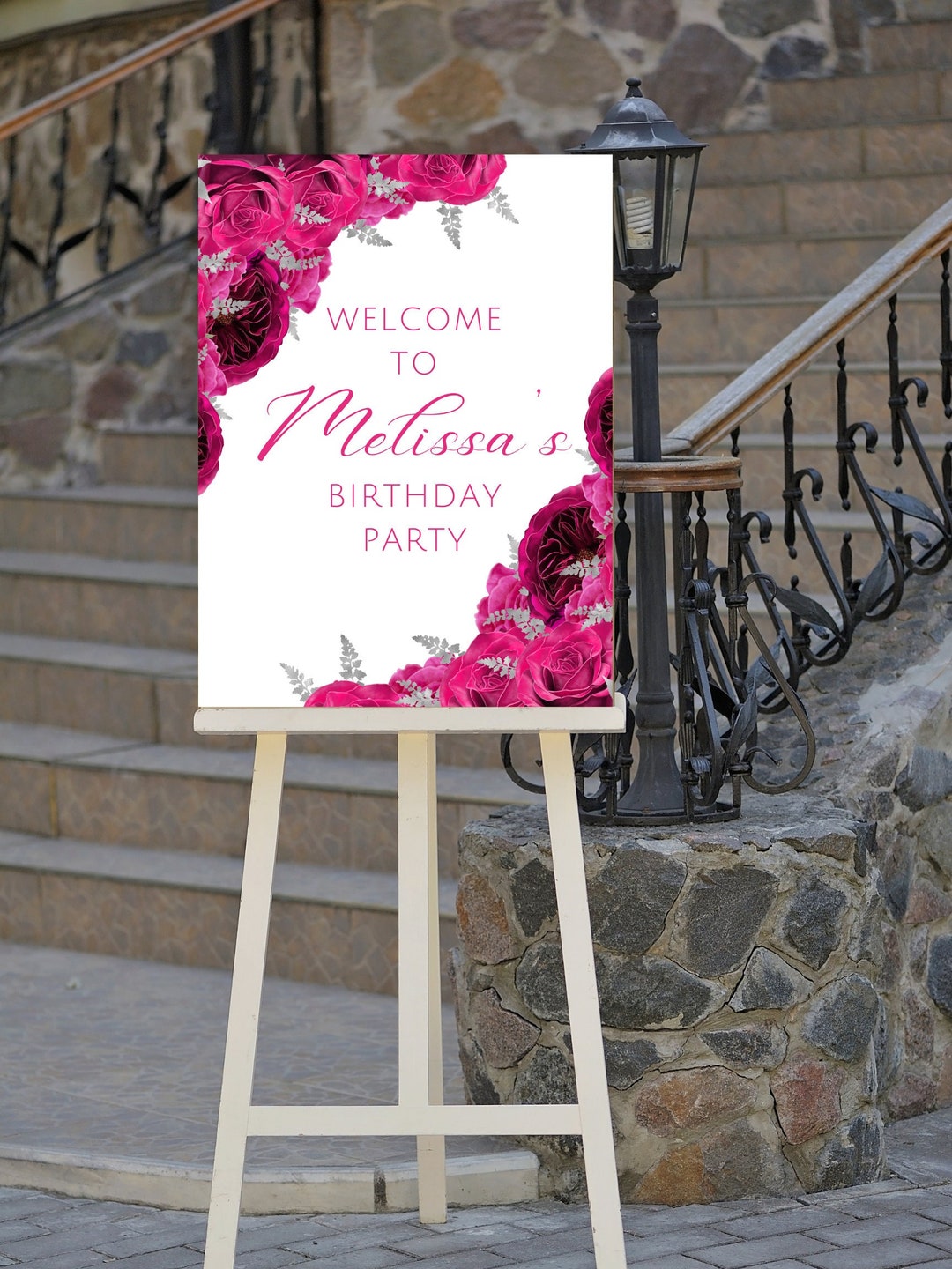Editable Hot Pink Silver and White Birthday Welcome Sign Pink Floral ...