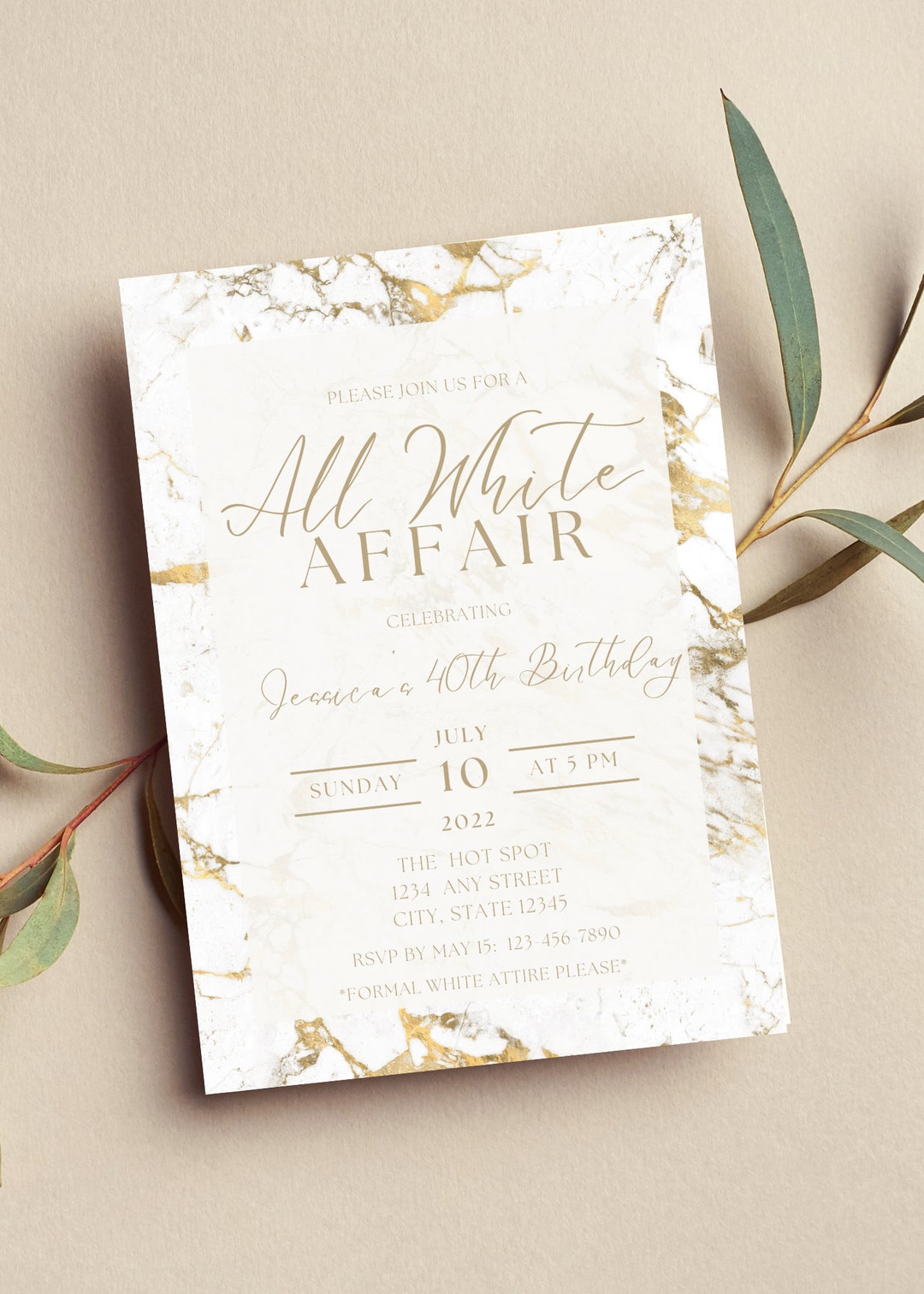 White and Gold All White Affair Invitation, Editable White Party Invite ...