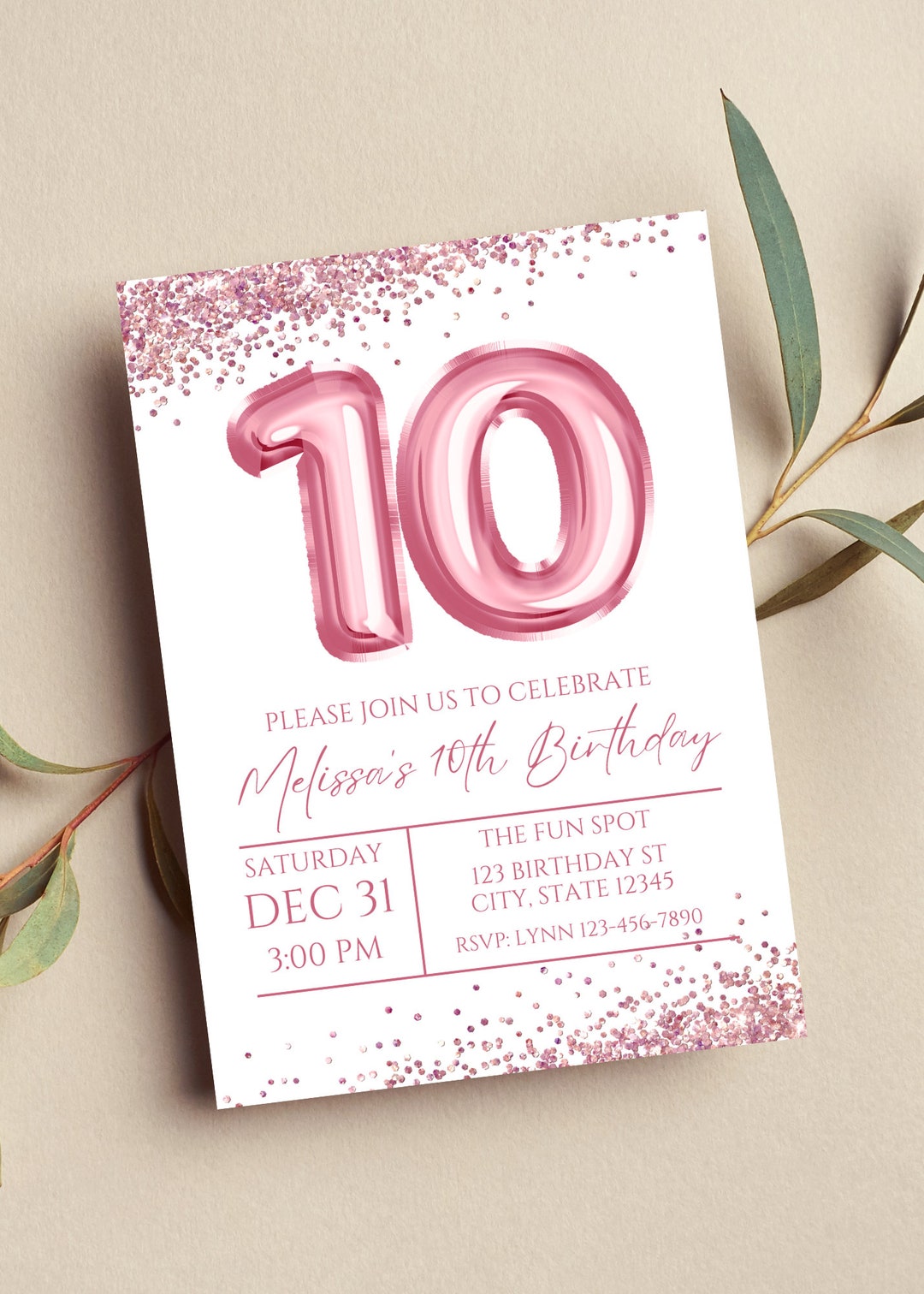 Editable 10th Birthday Invitation, Pink and White Invitation, Pink 10 ...
