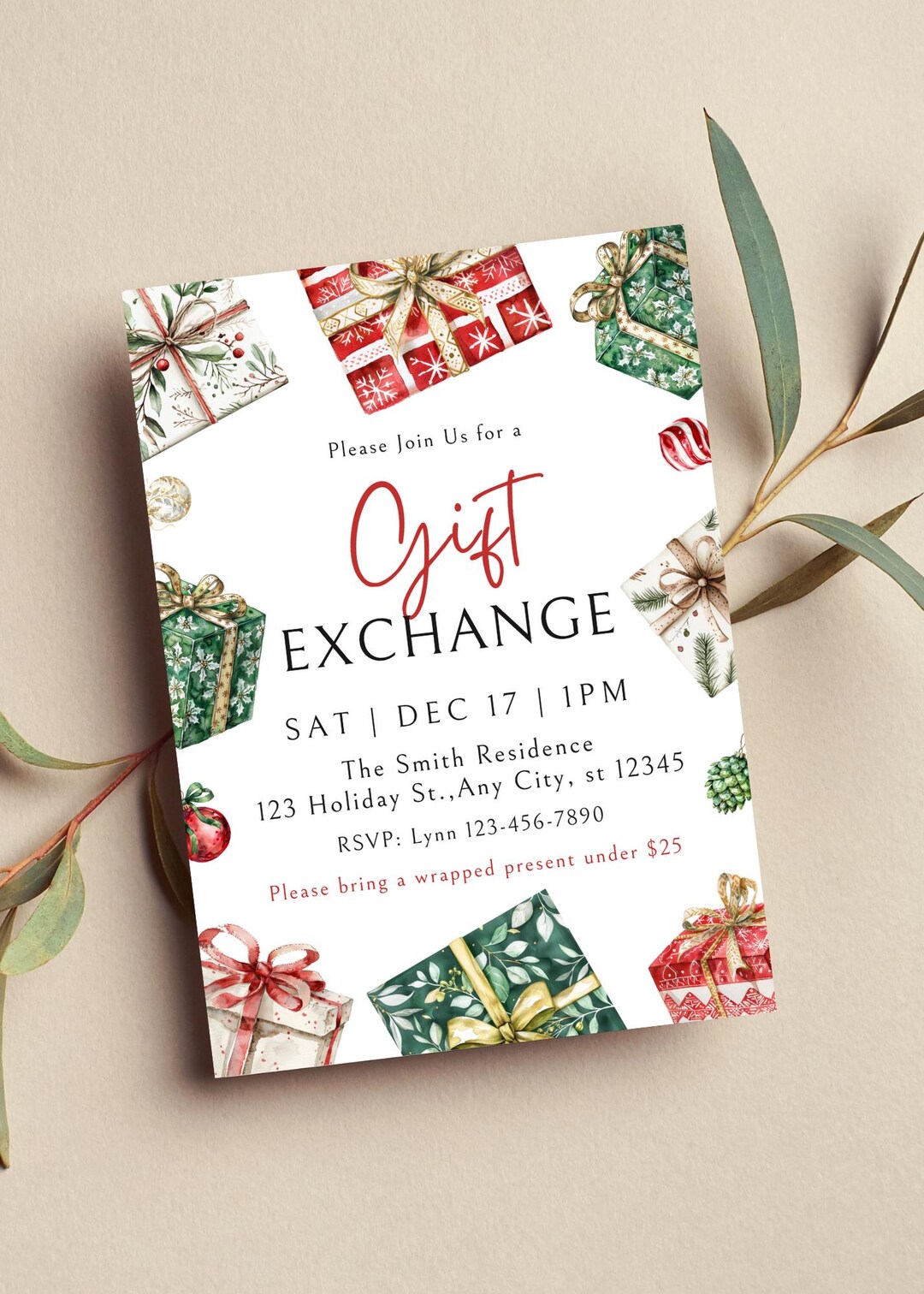 Editable Gift Exchange Invitation, Christmas Printable or Digital ...