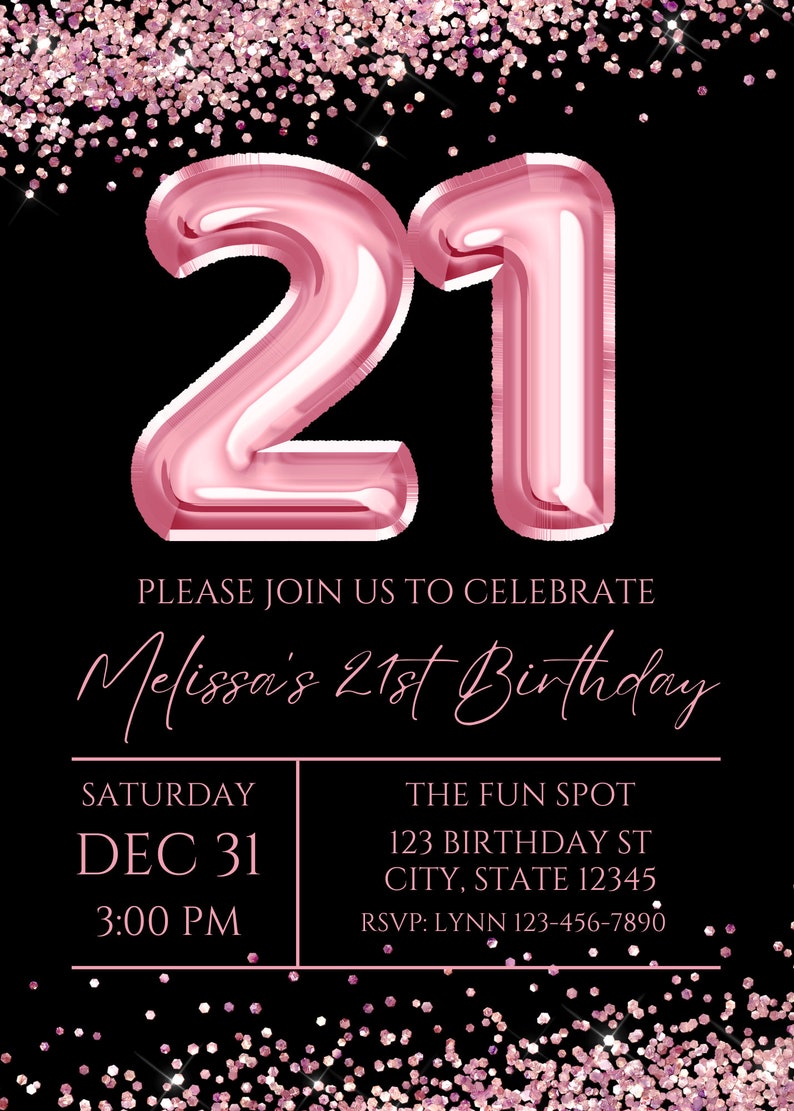 Editable 21st Birthday Invitation, Pink and Black Invitation, Pink 21 ...