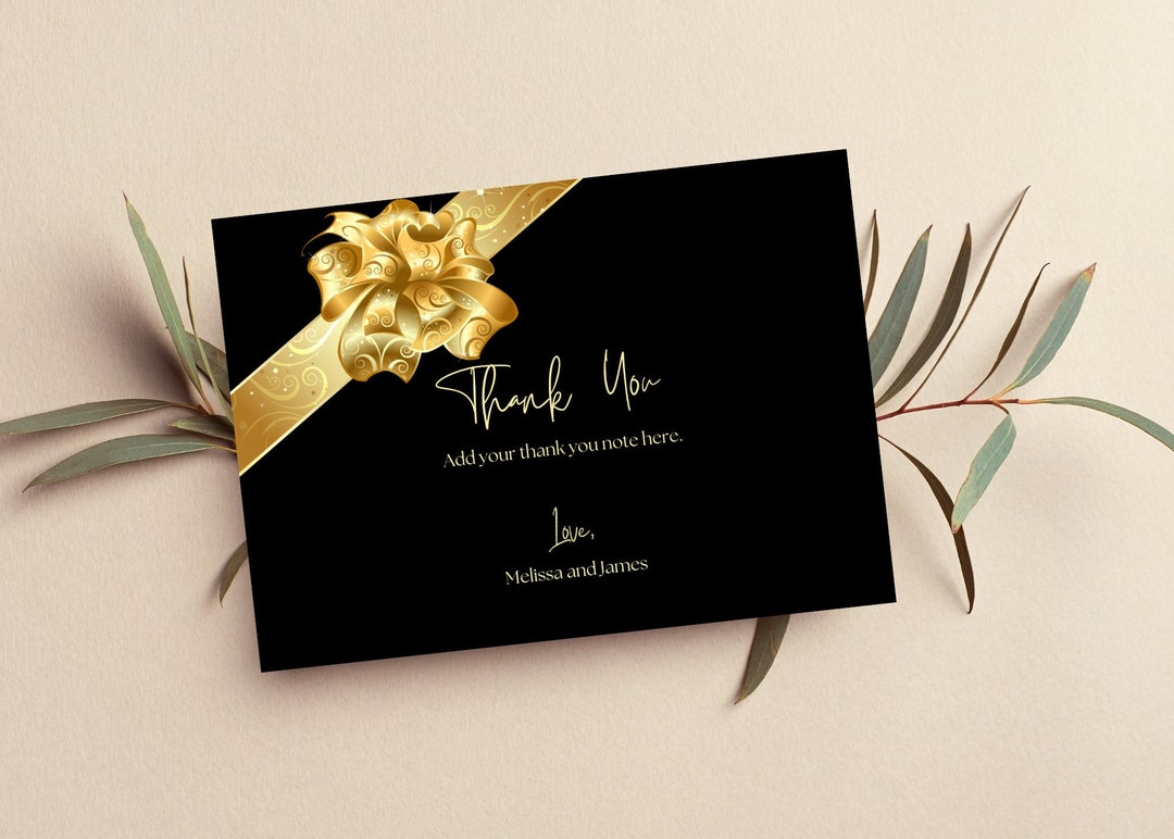 Printable Thank You Card, Editable Black and Gold Thank You Note, Gold ...