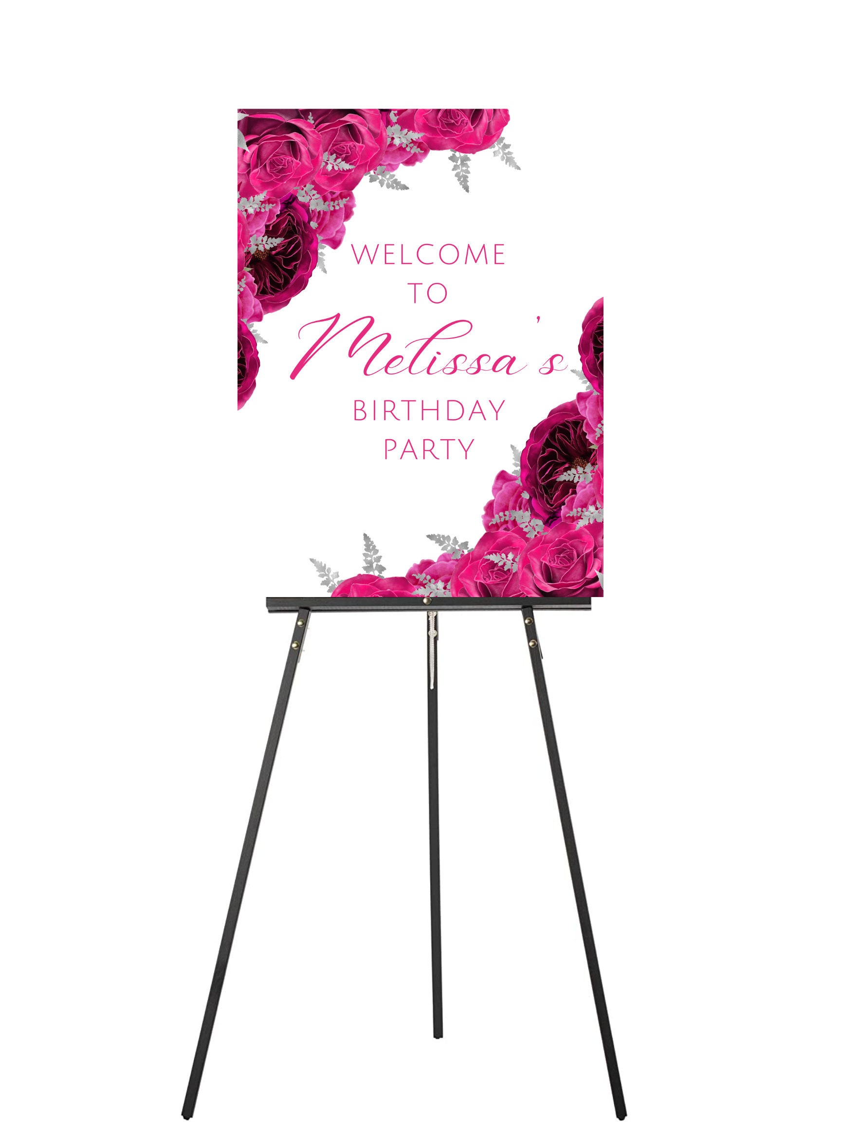 Editable Hot Pink Silver and White Birthday Welcome Sign Pink Floral ...