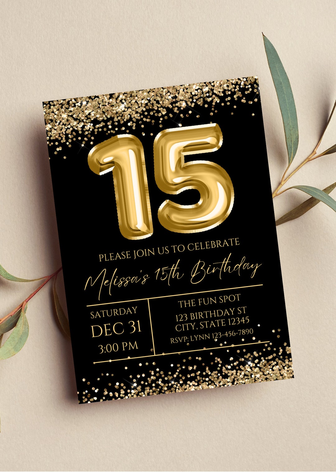 Editable 15th Birthday Invitation, Gold and Black Invitation, Gold 15 ...