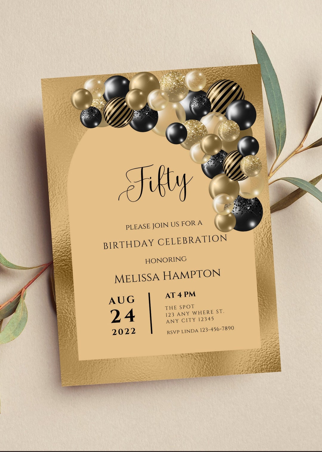 Editable Black and Gold Birthday Invitation, Black and Gold Balloon ...