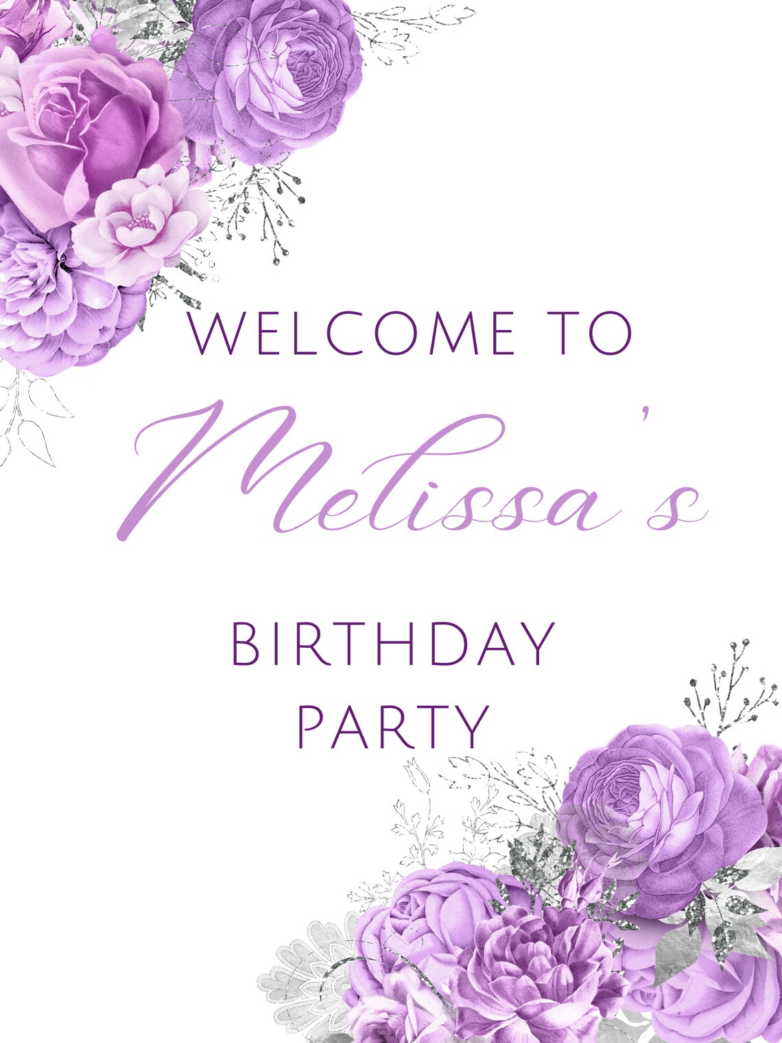 Editable Lavender and Silver Birthday Welcome Sign, Floral Birthday ...