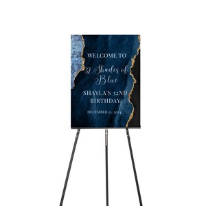 Editable Shades of Blue Birthday Welcome Sign, Blue and Gold Birthday ...