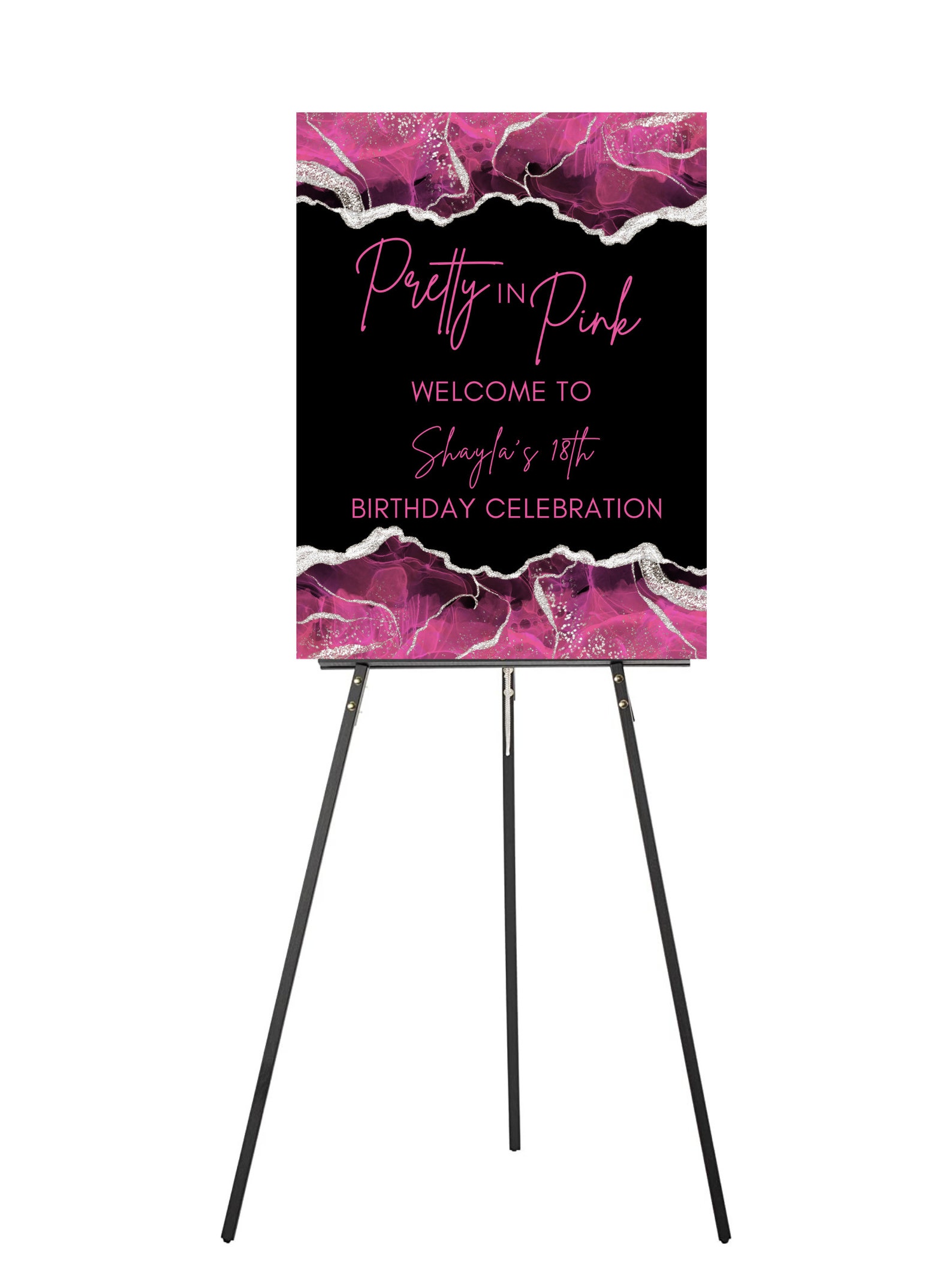 Editable Pretty in Pink Birthday Welcome Sign, Pink, Silver and Black ...